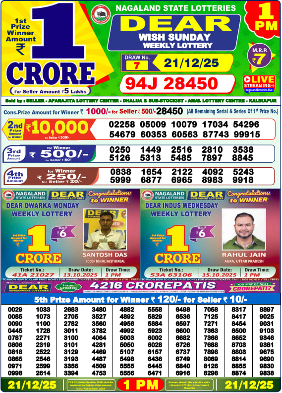 Dear Lottery Result Today – 1PM, 6PM, 8PM Draw 21-12-2025 - KL Jackpot