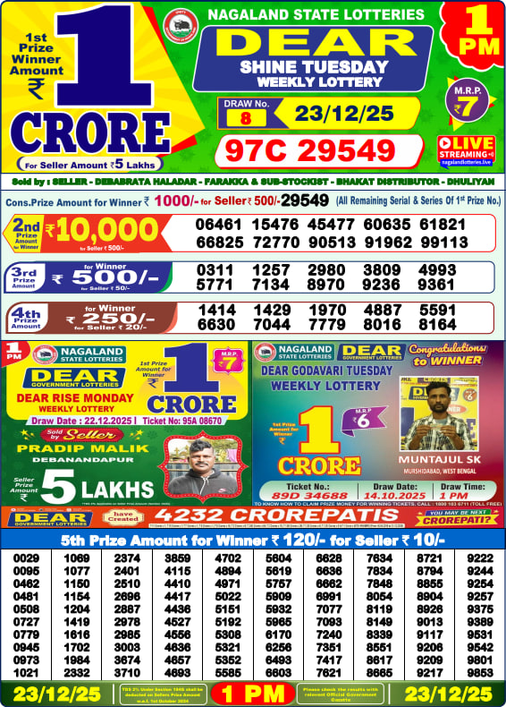 Dear Lottery Result Today – 1PM, 6PM, 8PM Draw 23-12-2025 - KL Jackpot