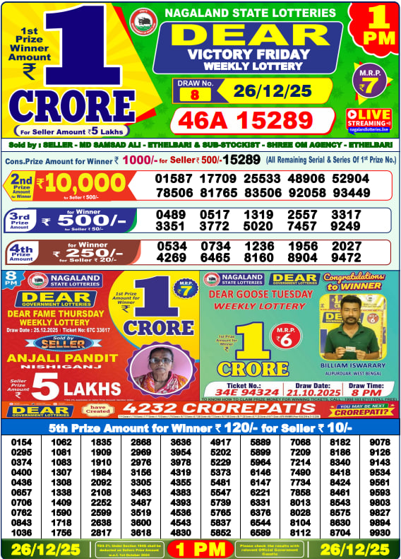 Dear Lottery Result Today – 1PM, 6PM, 8PM Draw 26-12-2025 - KL Jackpot