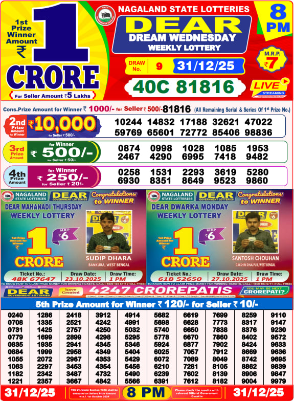 Dear Lottery Result Today – 1PM, 6PM, 8PM Draw 31-12-2025 - KL Jackpot